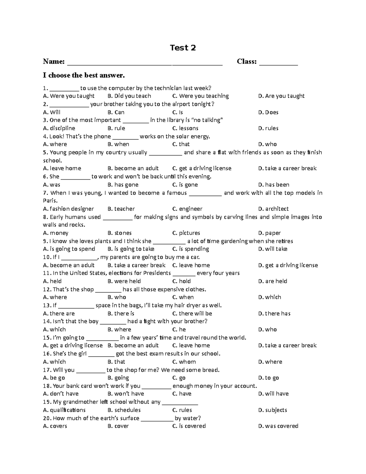 Test 2 tiếng anh 2 - DESCRIPTION - Test 2 Name ...