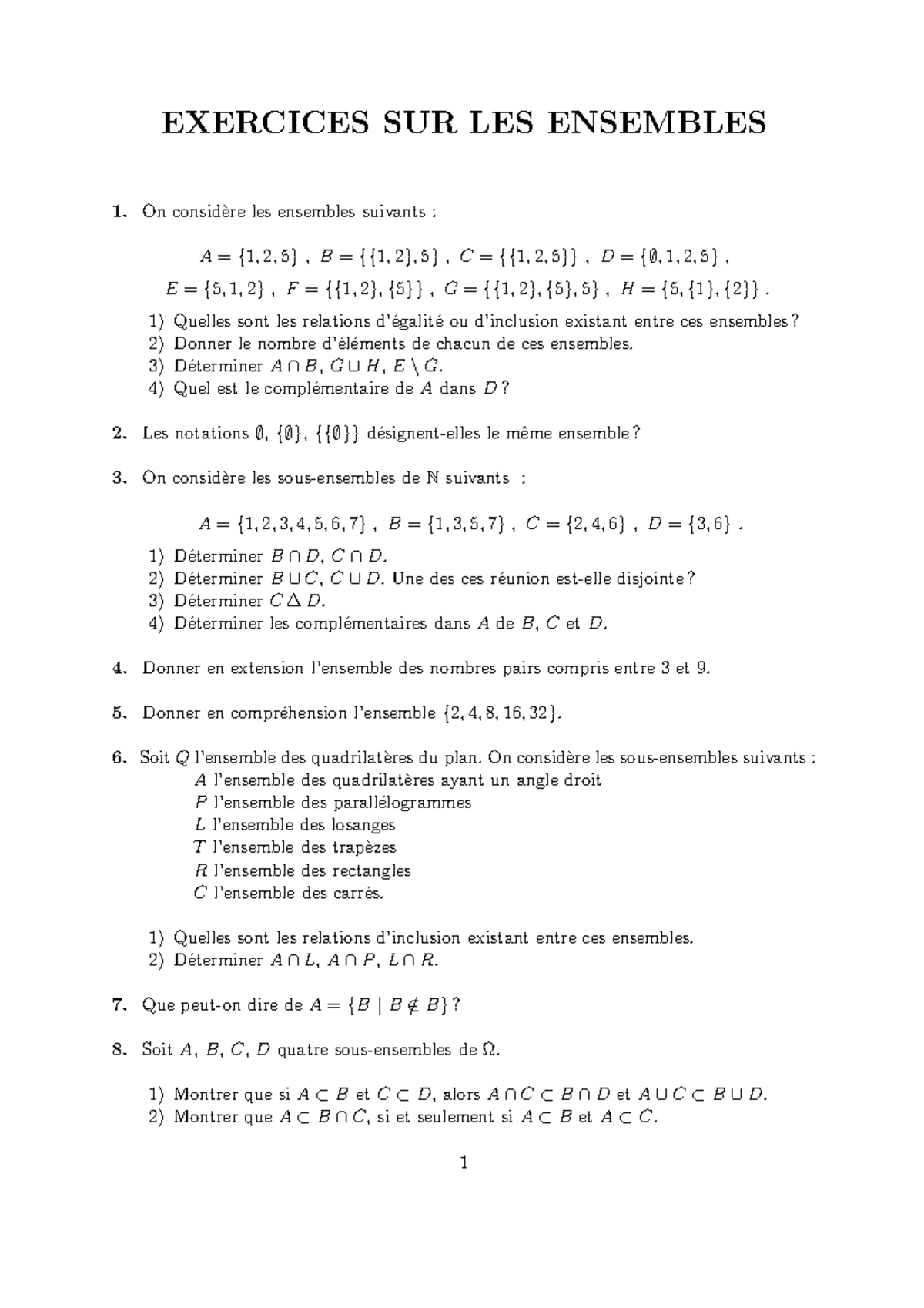 Td math exercice corrige les ensembles - EXERCICES SUR LES ENSEMBLES On ...