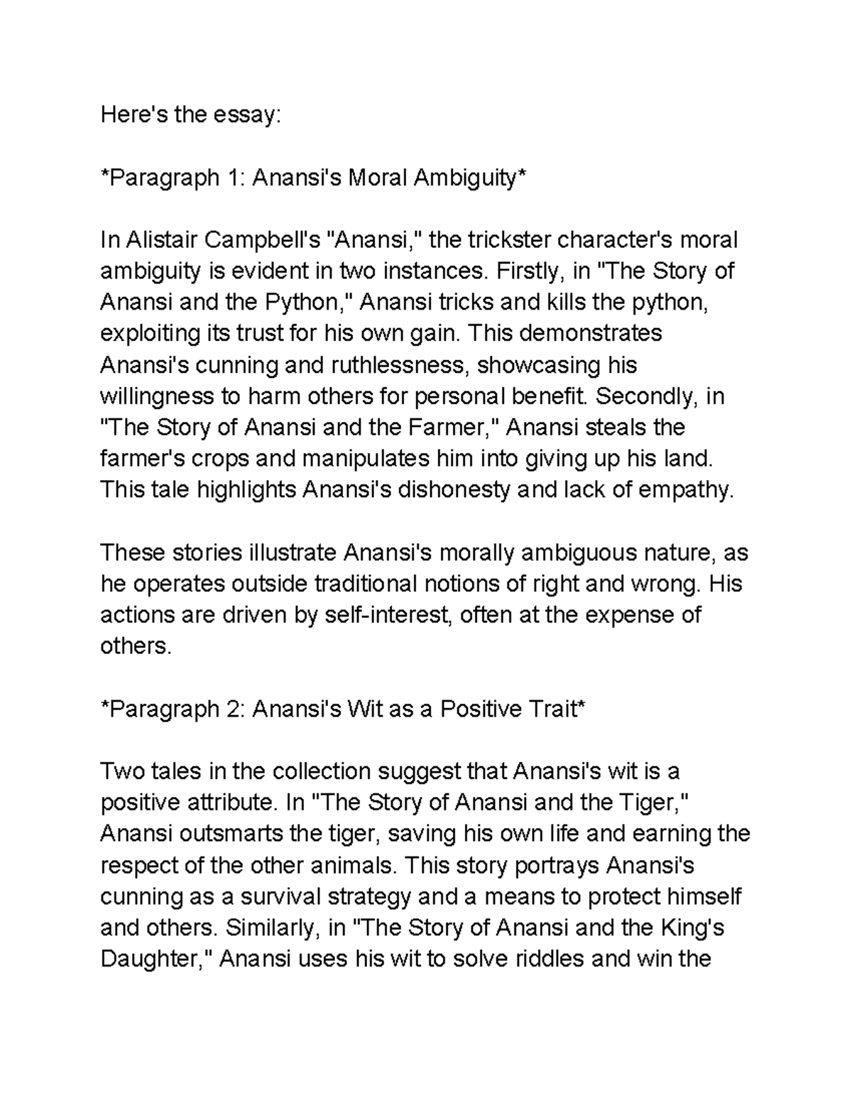 Here's the essay - About the Anansi story - Here's the essay: Paragraph ...