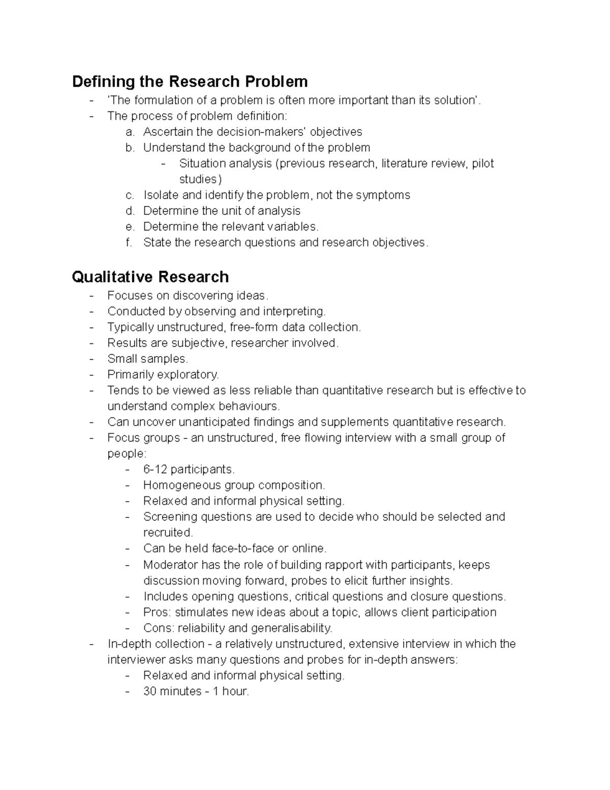 MKTG1002 Weekly Notes - Defining the Research Problem - ‘The ...