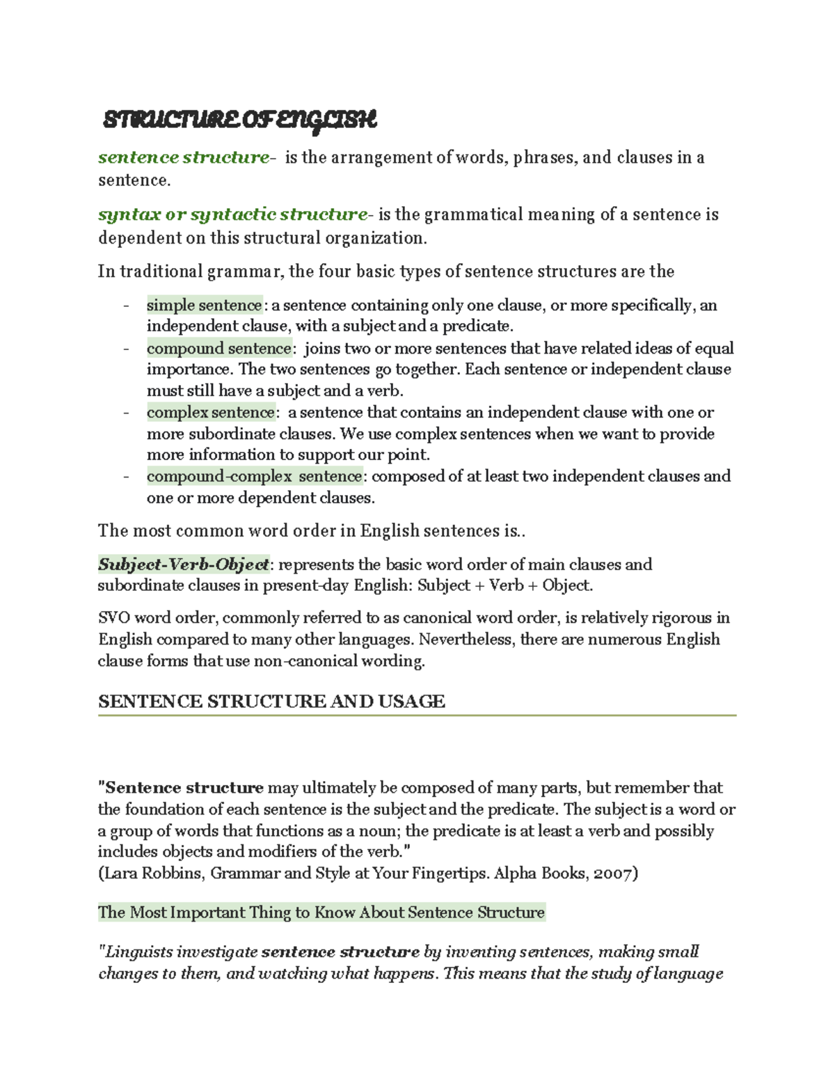 Structure OF English - STRUCTURE OF ENGLISH sentence structure- is the ...