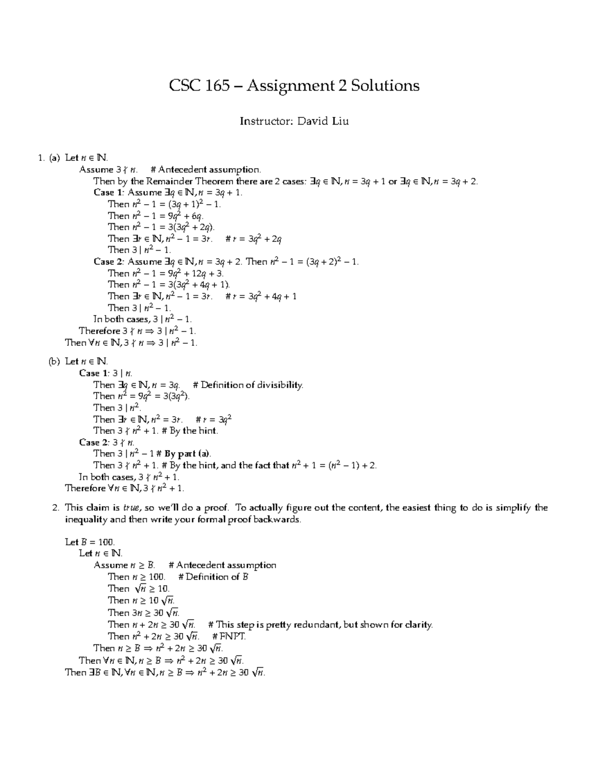 Assignment 2 solutions - CSC 165 – Assignment 2 Solutions Instructor ...