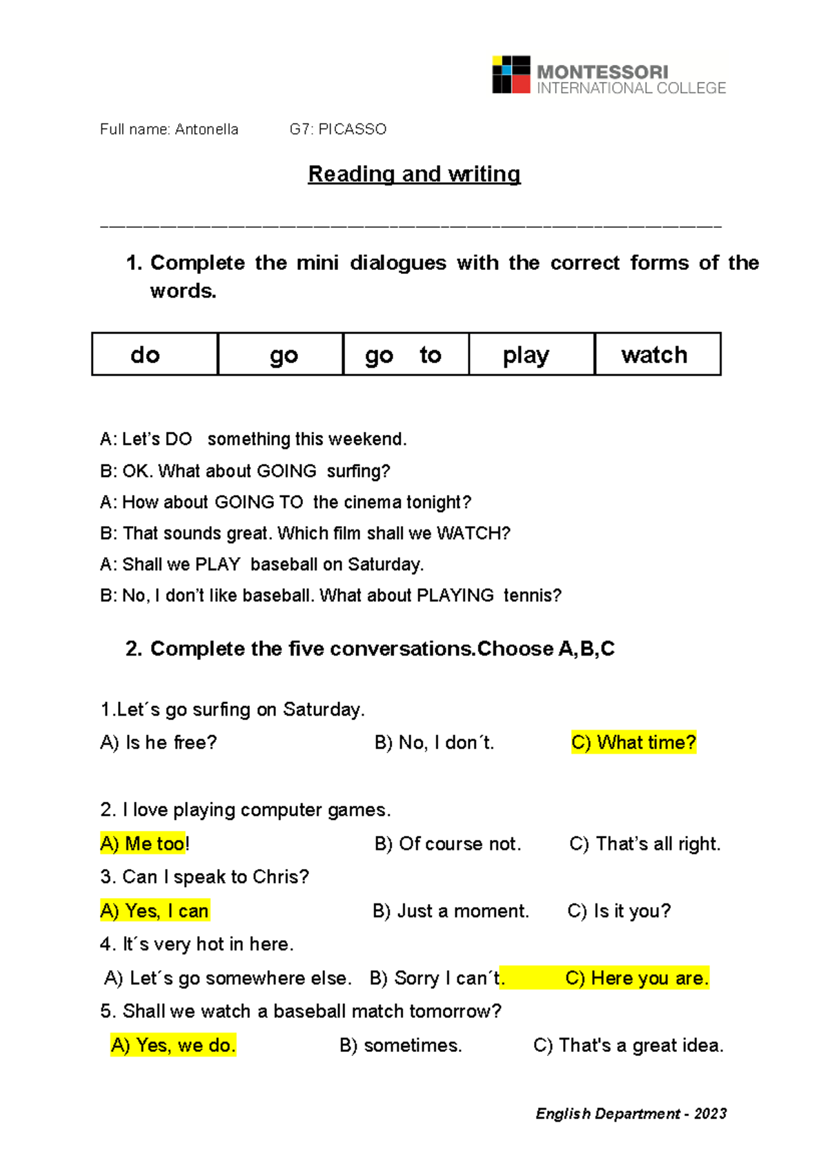 Reading and writing G7 - cAJAJA - Full name: Antonella G7: PICASSO ...