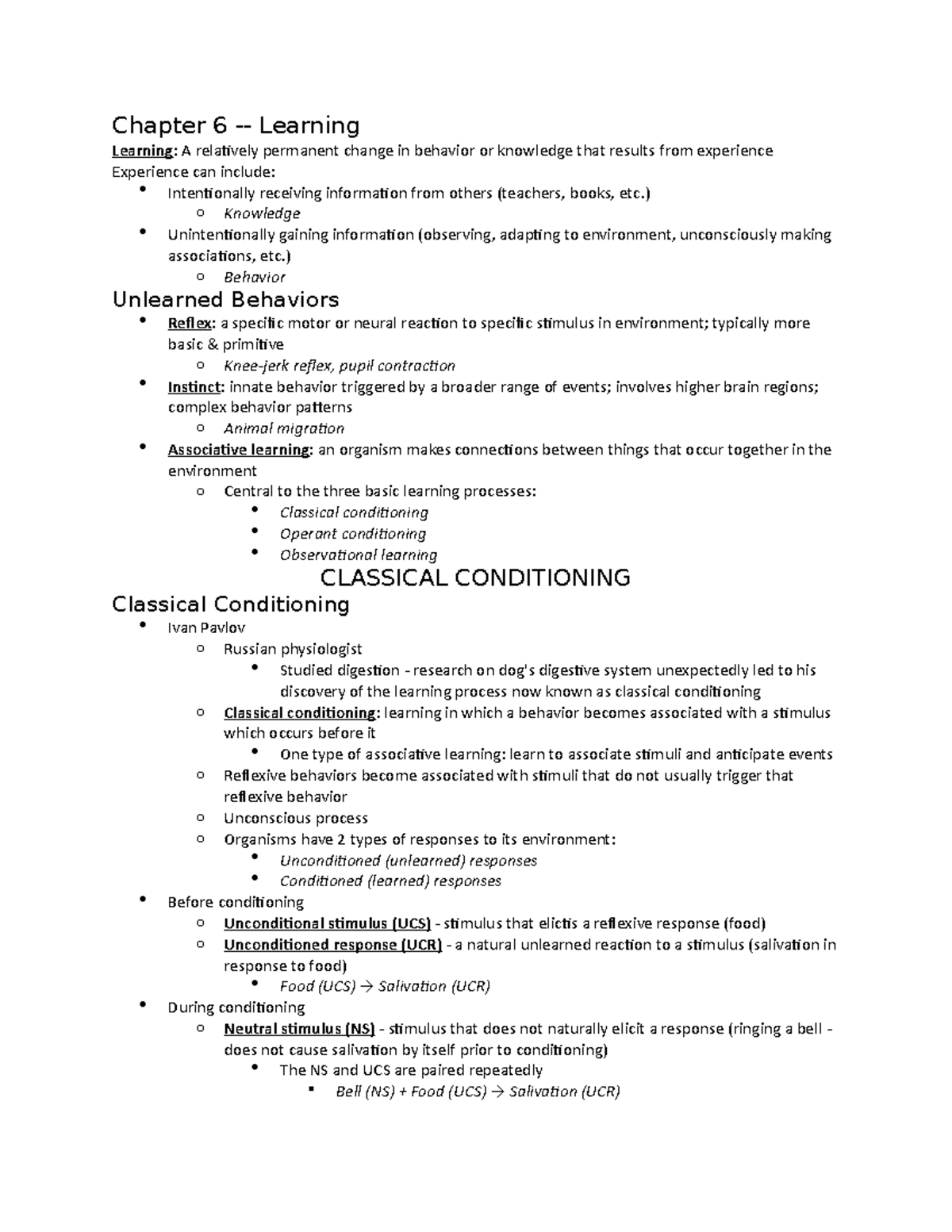 Psych chapter 6 - Chapter 6 - Learning Learning: A relatively permanent ...
