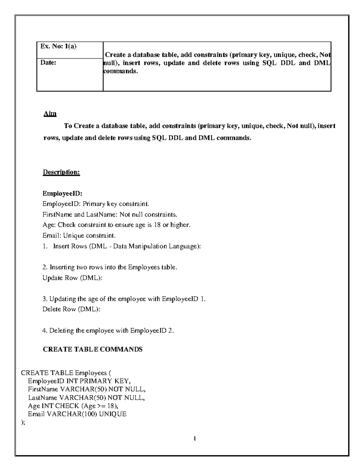 Dbms Cyber Security Manual Ex No 1 A Create A Database Table Add Constraints Primary Key
