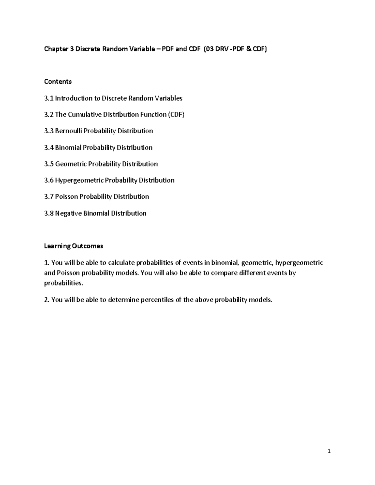 03 DRV-PDF & CDF - course material - Chapter 3 Discrete Random Variable – PDF and CDF (03 DRV ...