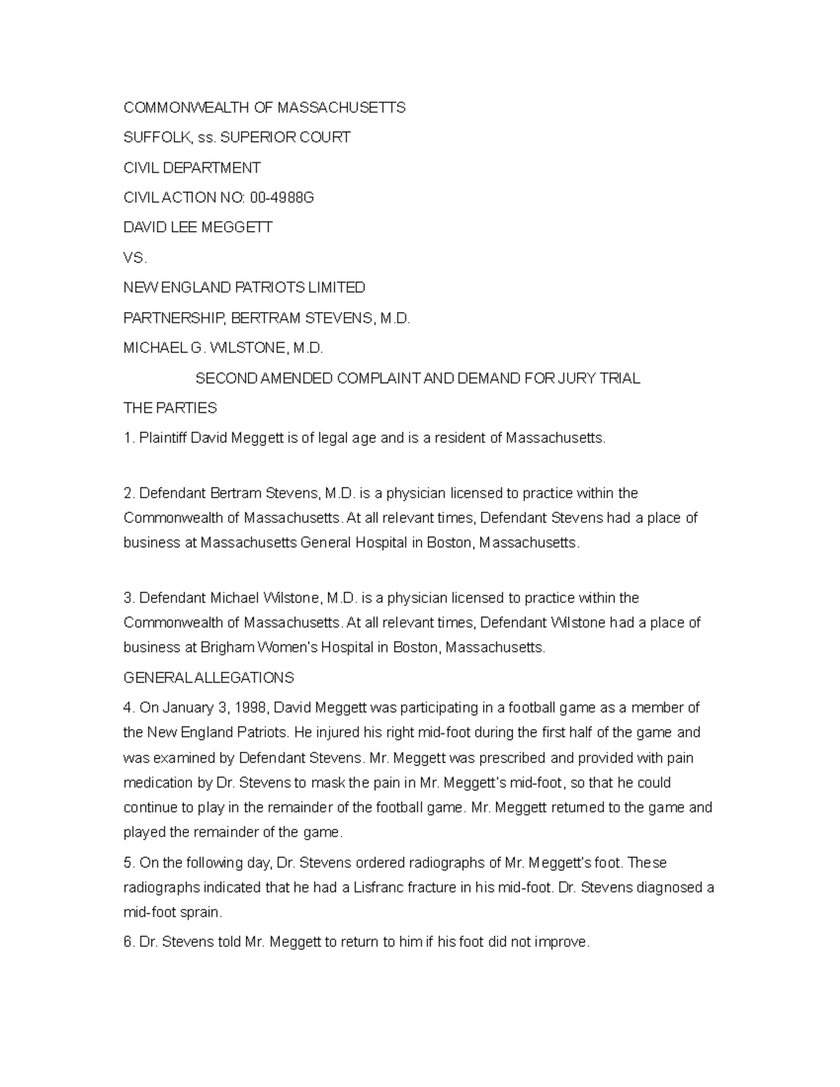 Malpractice complaint (sample) - COMMONWEALTH OF MASSACHUSETTS SUFFOLK ...