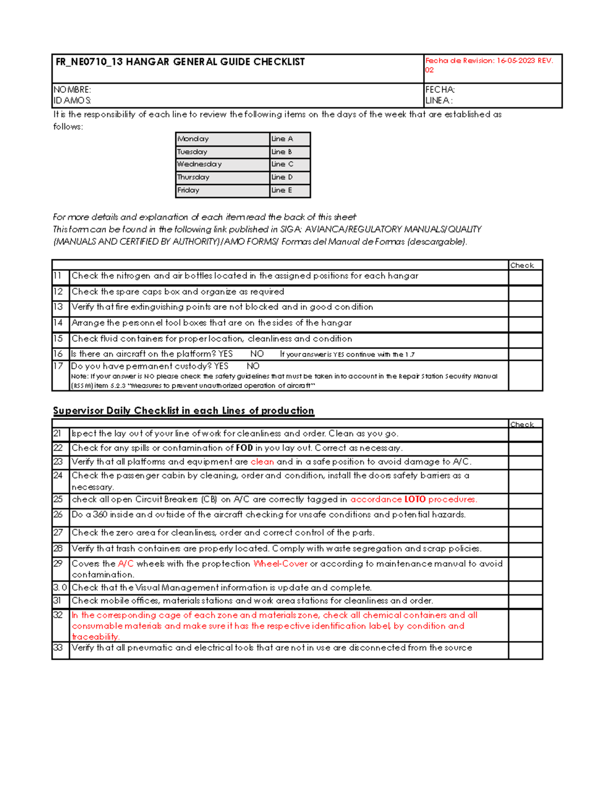 FR NE0710 13 Hangar General Guide Checklist - It is the responsibility ...