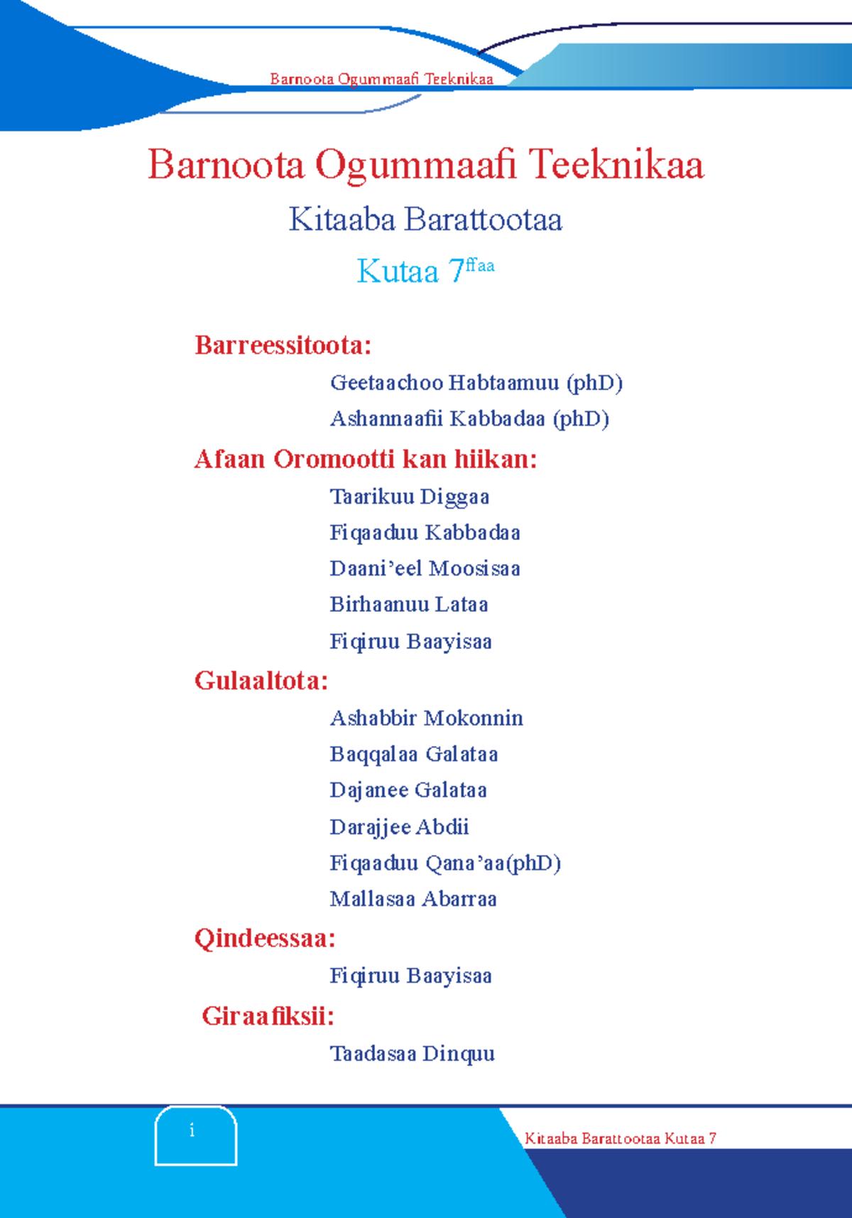 CTE Grade 7 TB -1 - i Kitaaba Barattootaa Kutaa 7 Barnoota Ogummaafi Teeknikaa Kitaaba ...