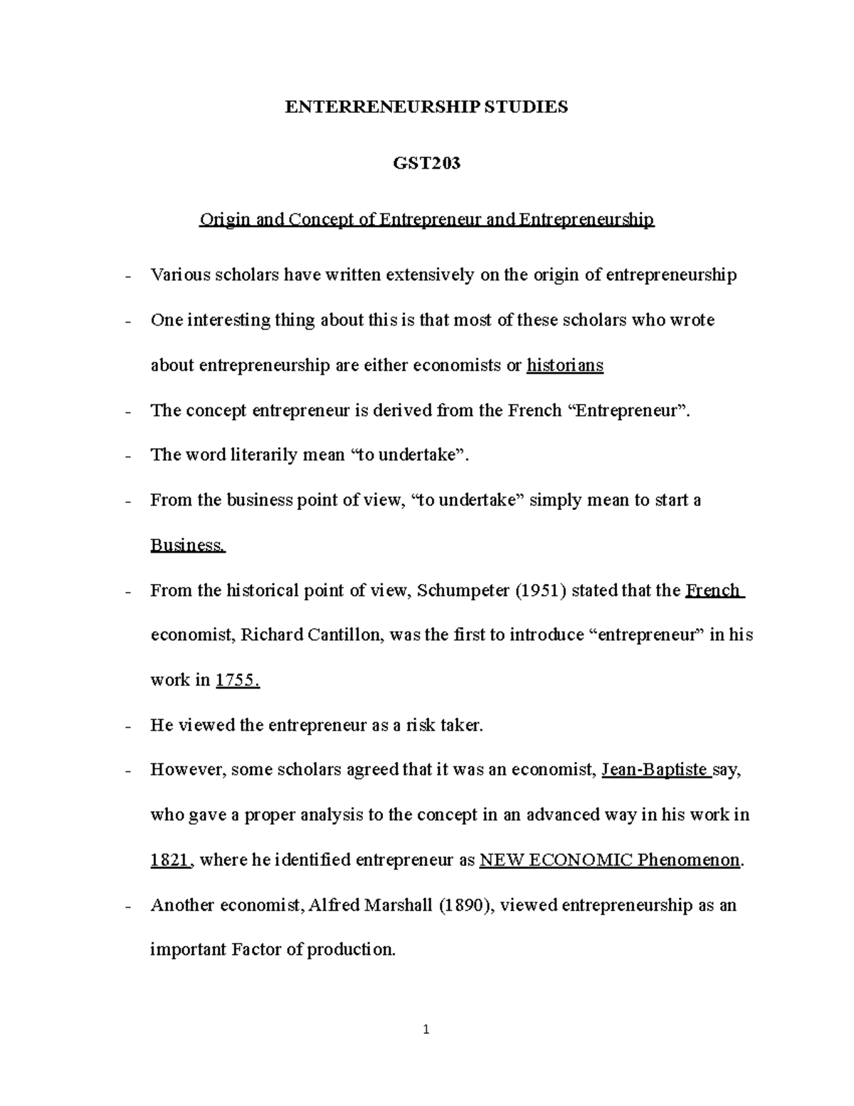 Enterreneurship Studies GST203 - ENTERRENEURSHIP STUDIES GST Origin and ...