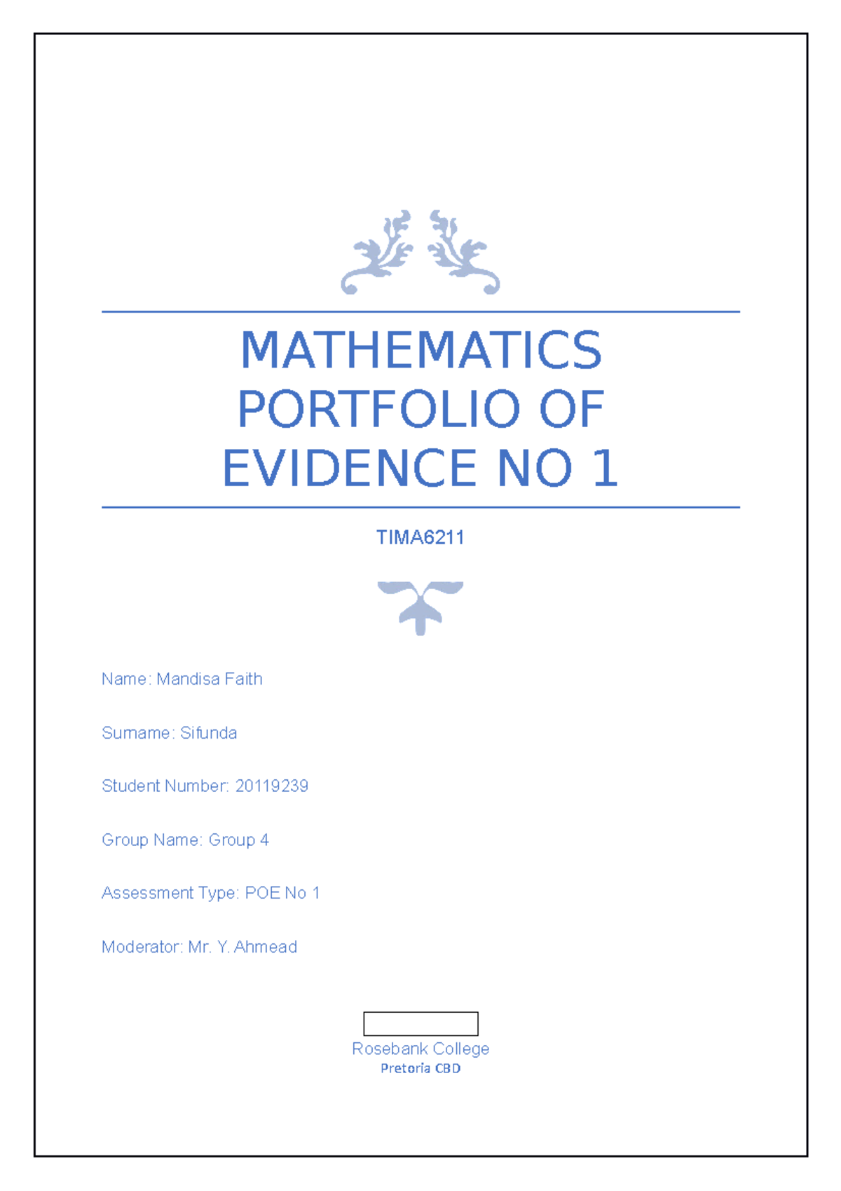 TIMA6211 POE No 1 - Final POE - MATHEMATICS PORTFOLIO OF EVIDENCE NO 1 ...