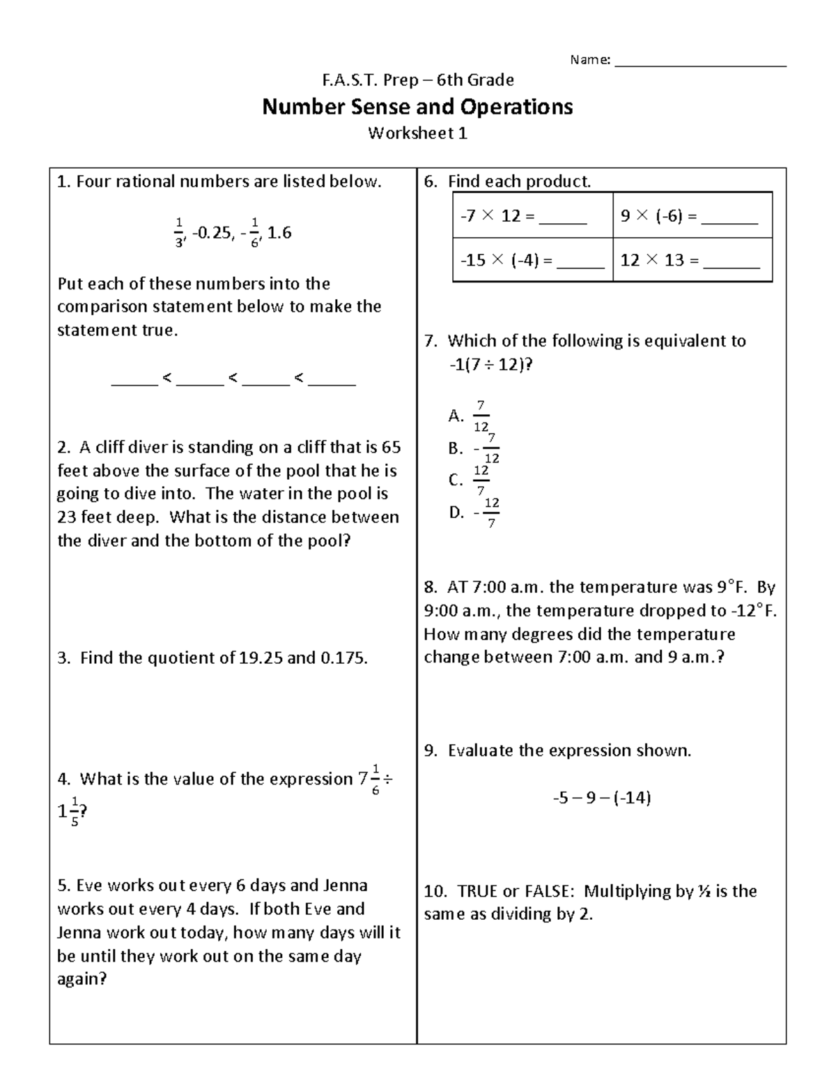 6th Grade Math Number Senseand Operations Practiceby Domain 5Worksheets ...