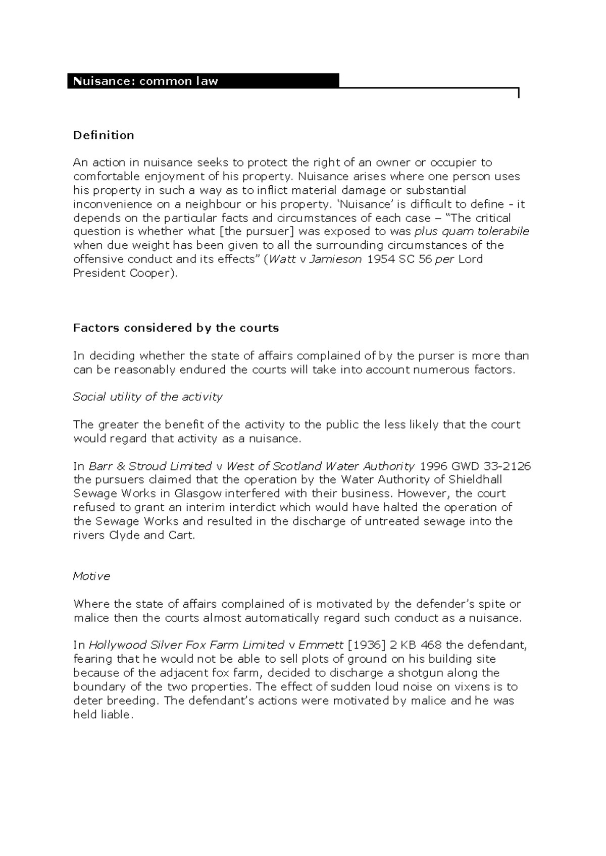 Common law nuisance - Lecture notes 3 - Nuisance: common law Definition ...