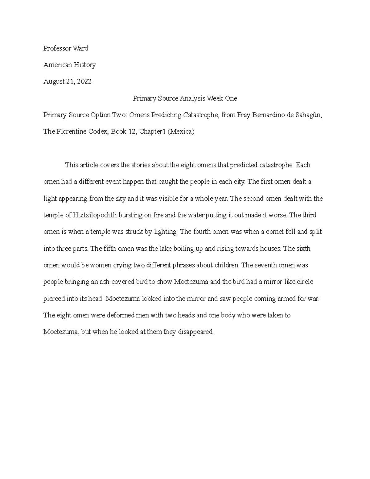 Primary Source Analysis 1 - Professor Ward American History August 21 ...