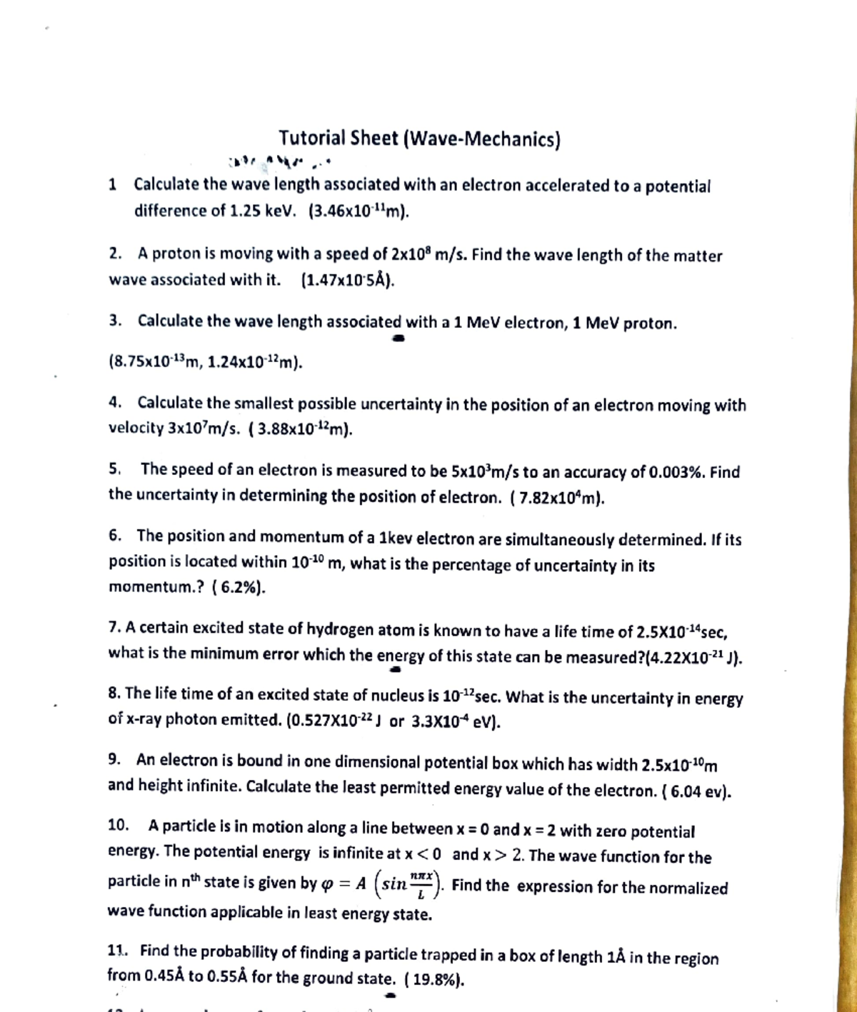 Relativity tut sheet 2 - Tutorial Sheet (Wave-Mechanics) Calculate the ...
