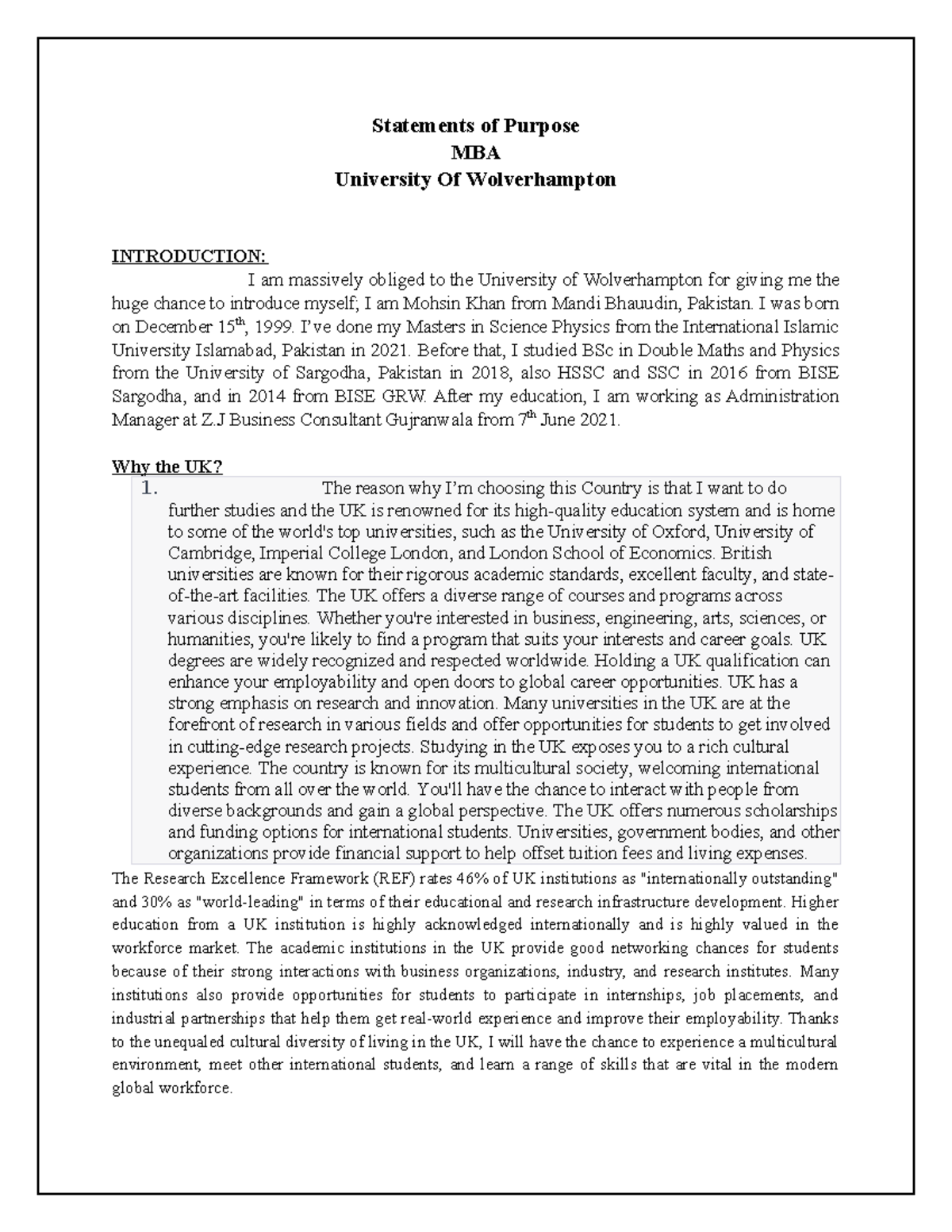 SOP - Statements of Purpose MBA University Of Wolverhampton ...