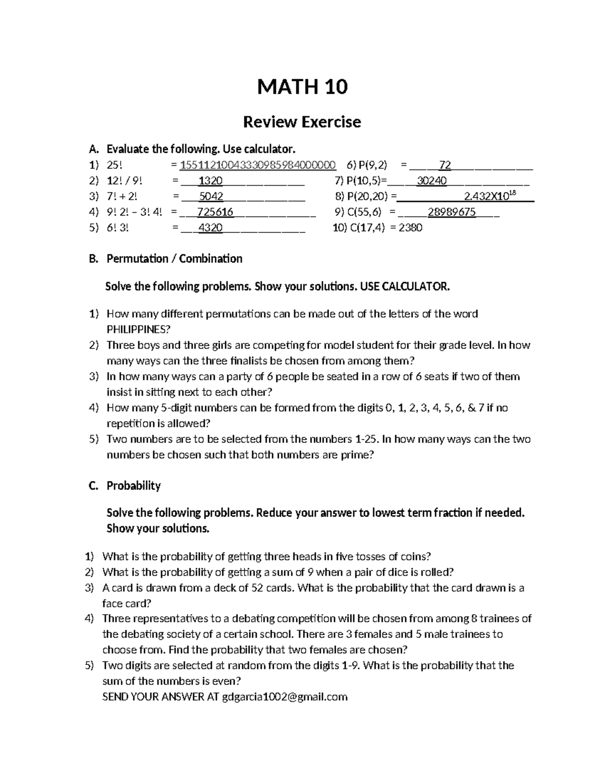 Asd (16) - notes and assignments - MATH 10 Review Exercise A. Evaluate ...
