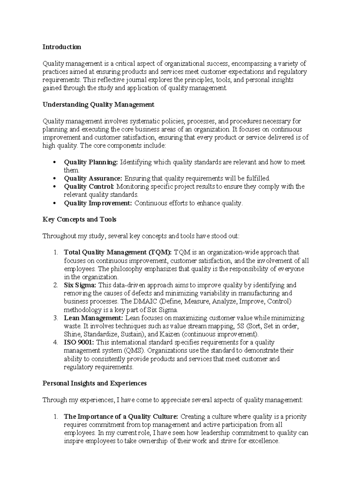 EPM1133 Quality management - Introduction Quality management is a ...