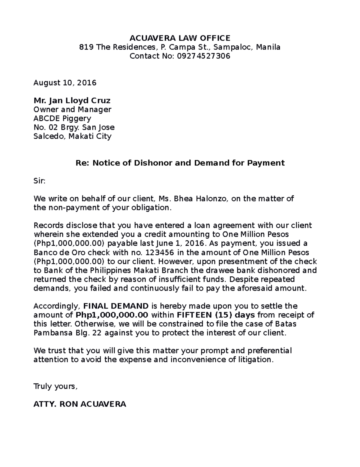 324346468 Final Demand Letter - ACUAVERA LAW OFFICE 819 The Residences ...