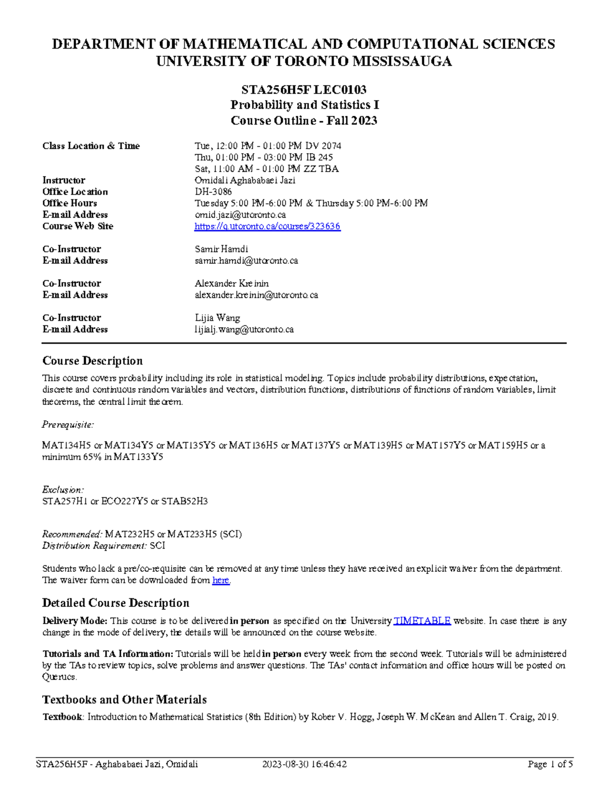 20239 STA256 H5F LEC0103 syllabus - DEPARTMENT OF MATHEMATICAL AND ...