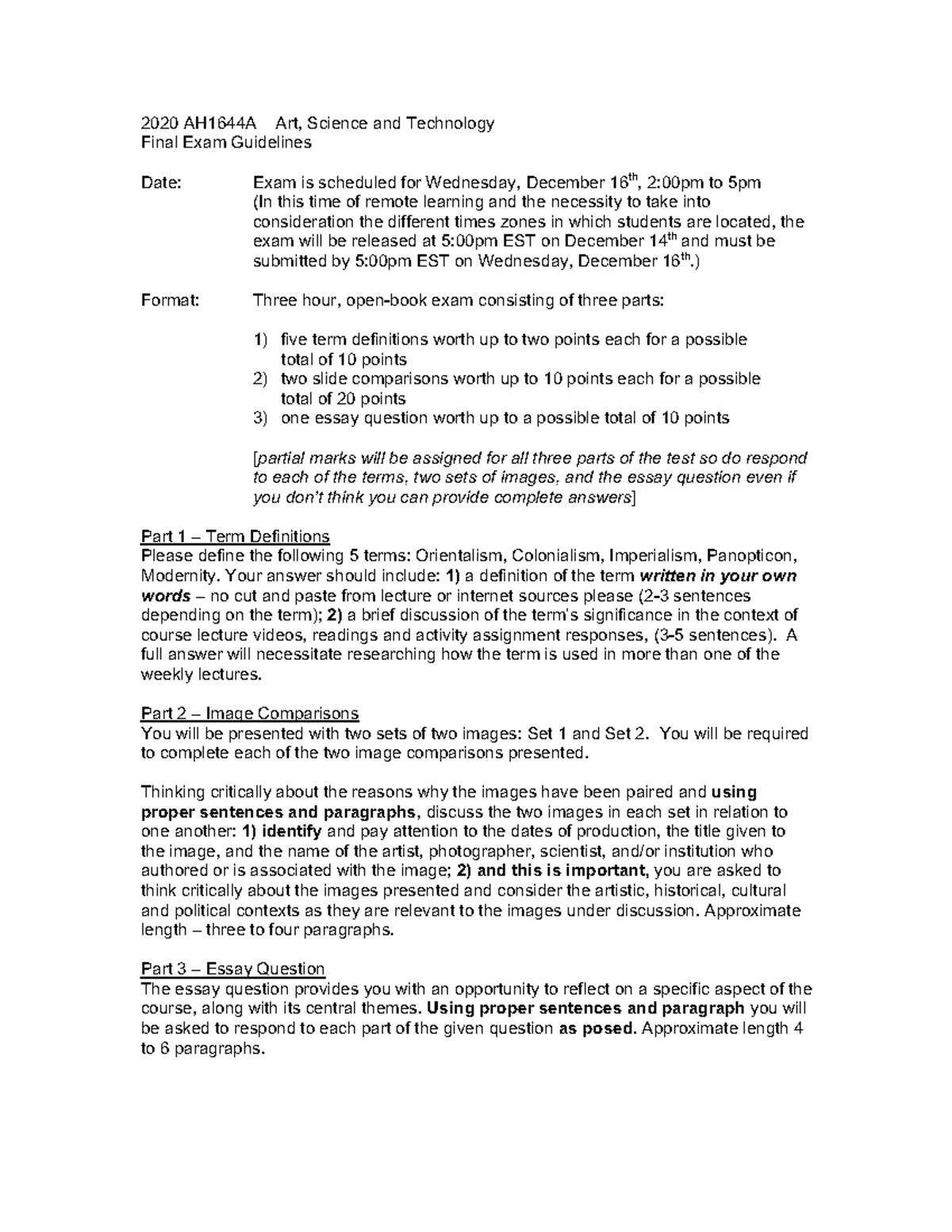 2020 AH1644A Final Exam Guidelines - 2020 AH1644A Art, Science and ...