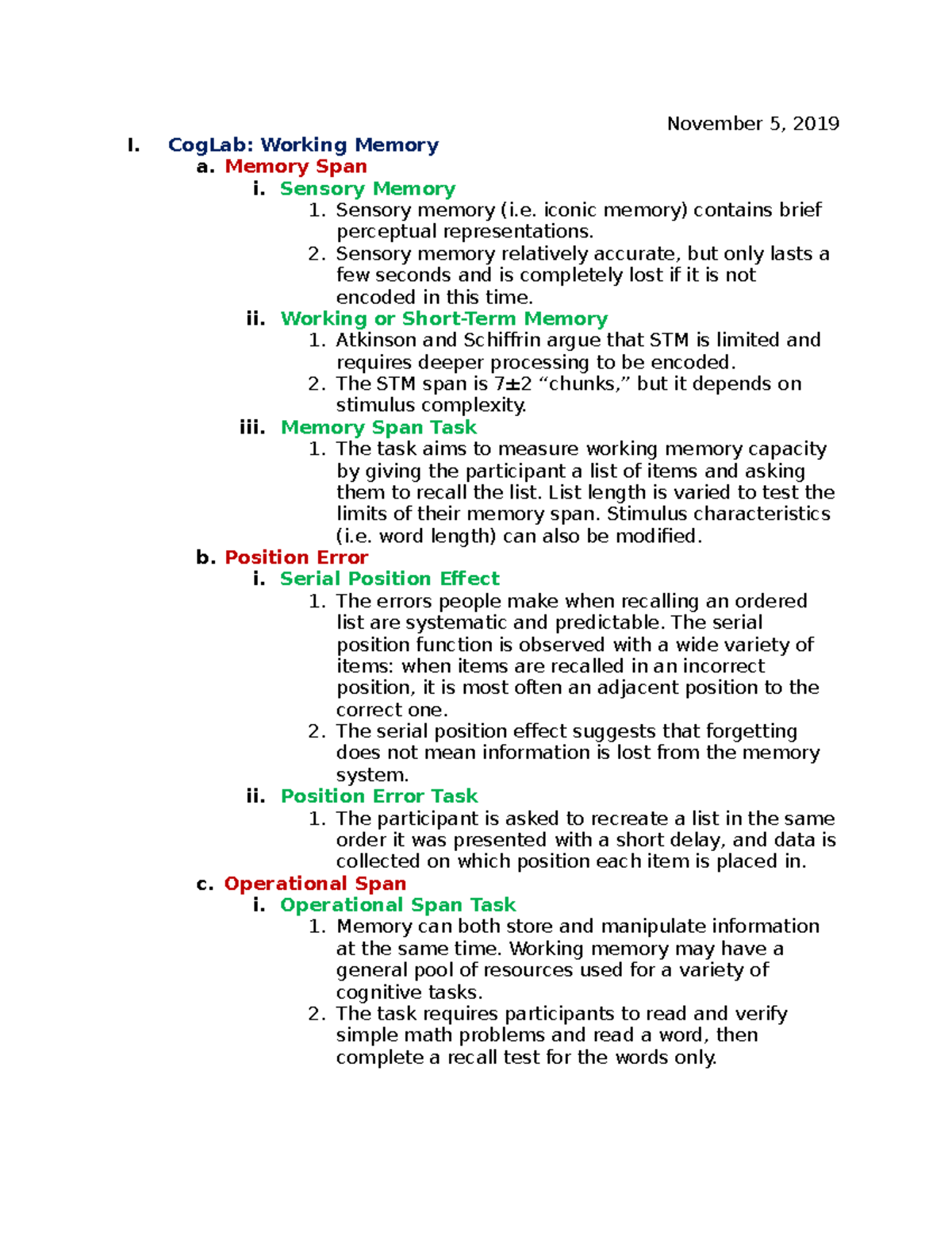 NSCI 341 Lecture 19 - November 5, 2019 I. CogLab: Working Memory a Span i. Sensory Memory ...