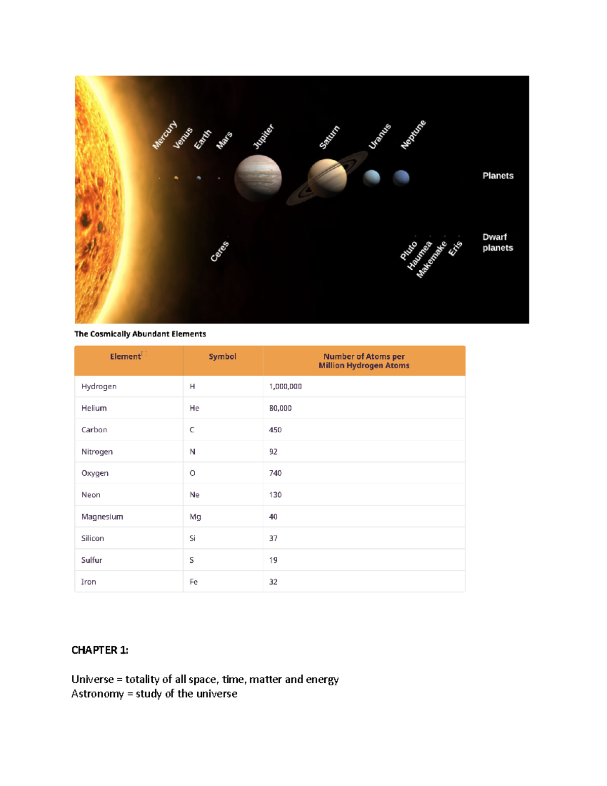 GEOL 208 notes - CHAPTER 1: Universe = totality of all space, time ...