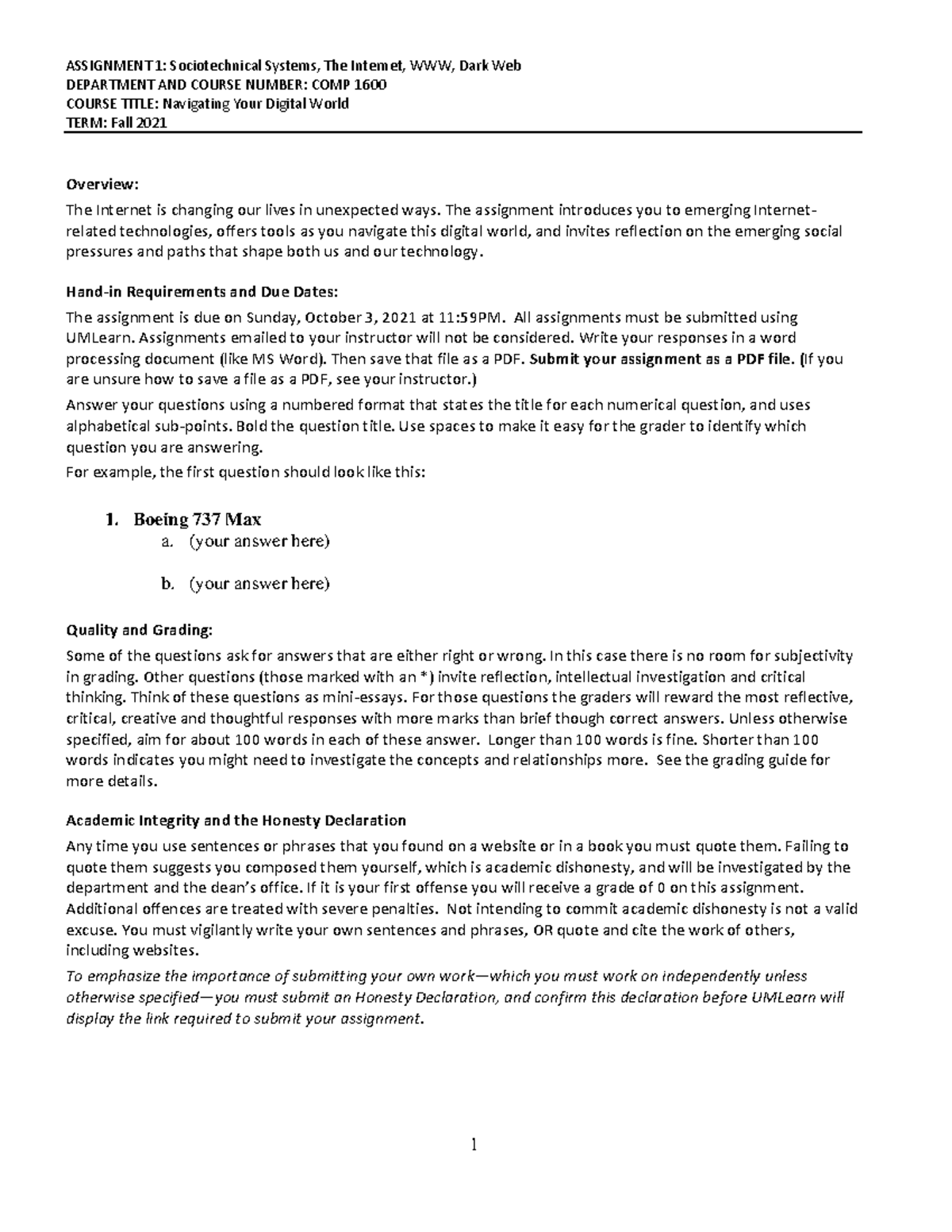 1600 A1 F2021 - assignment 1 - DEPARTMENT AND COURSE NUMBER: COMP 1600 COURSE TITLE: Navigating ...