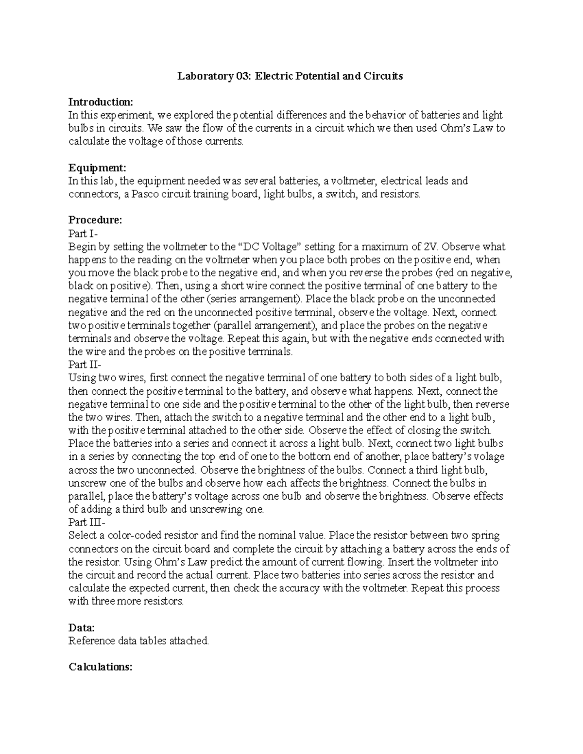 Physics lab 123-03 - Laboratory 03: Electric Potential and Circuits ...