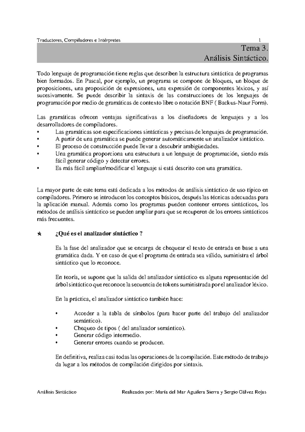 Tictema 3 - Primer Parcial - Tema 3. Análisis Sintáctico. Todo lenguaje ...