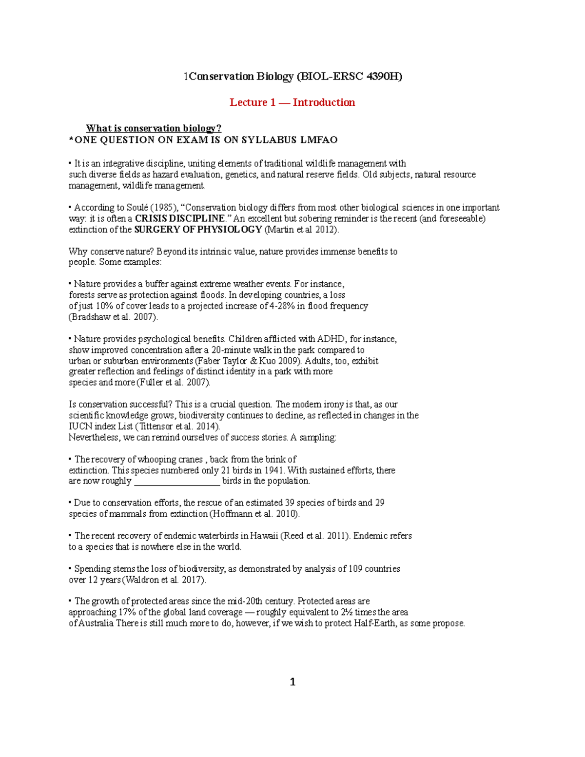 Conserv BIO Condensed Notes - 1 Conservation Biology (BIOL-ERSC 4390H ...