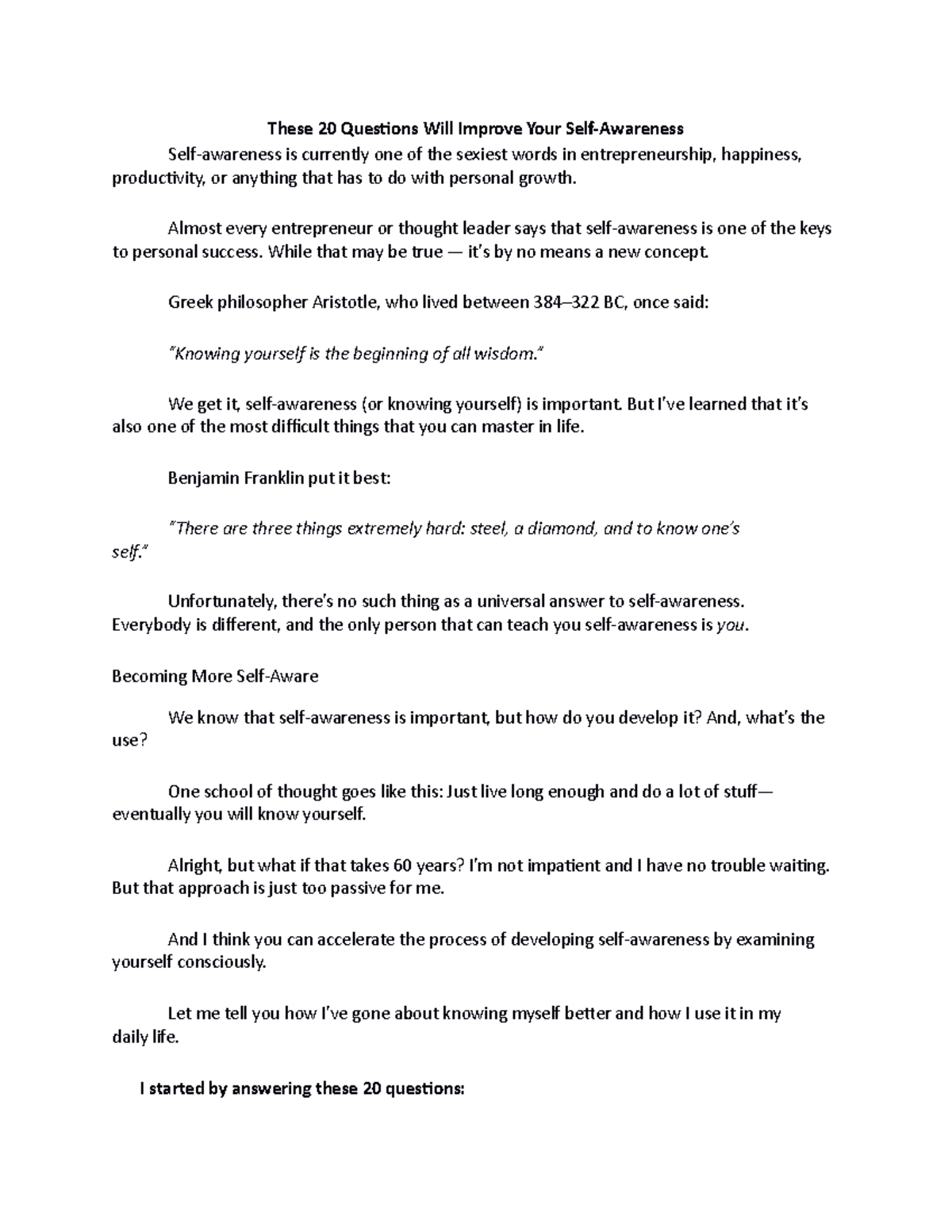 SELF Awareness - These 20 Questions Will Improve Your Self-Awareness ...