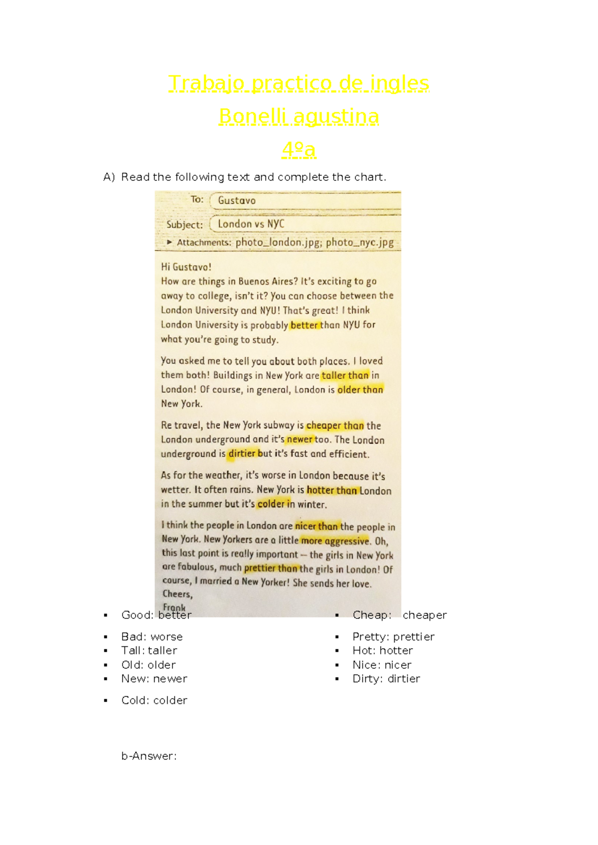 Ingles 9 - tps - Trabajo practico de ingles Bonelli agustina 4ºa A ...