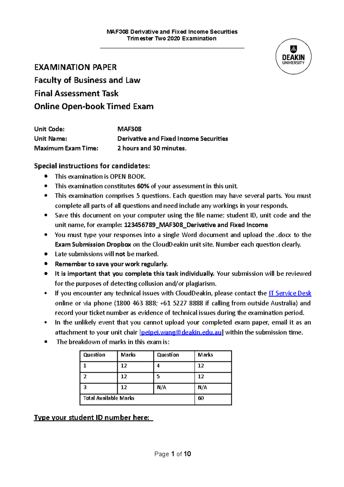 T2 2022 MAF308 Exam EP112 - EXAMINATION PAPER Faculty of Business and ...