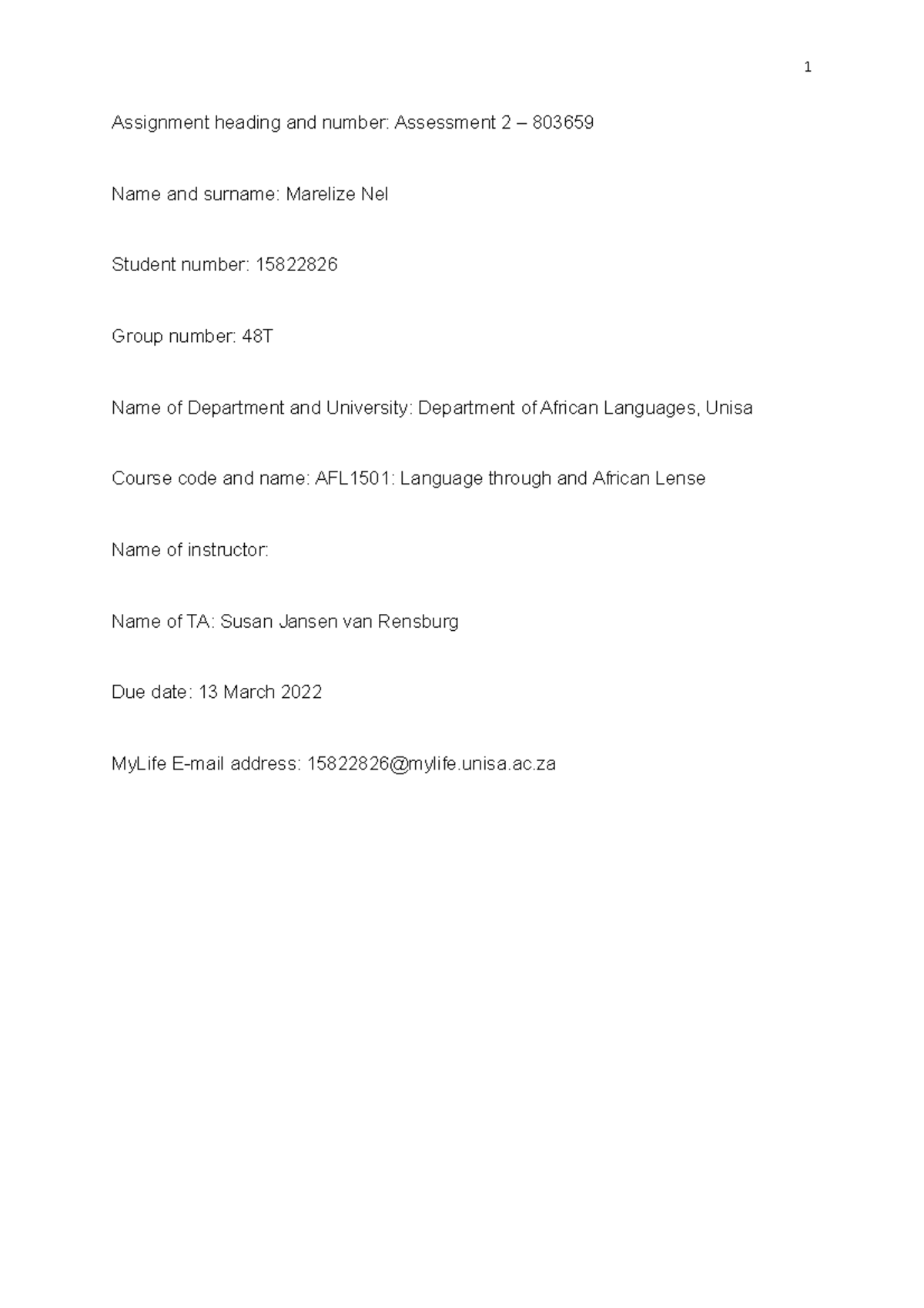 Name essay - Assignment heading and number: Assessment 2 – 803659 Name ...