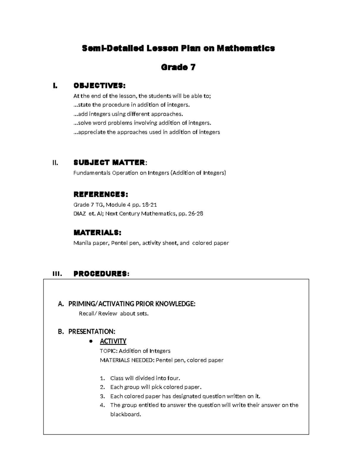 Semi Detailed Lesson Plan on Mathematics - Semi-Detailed Lesson Plan on ...