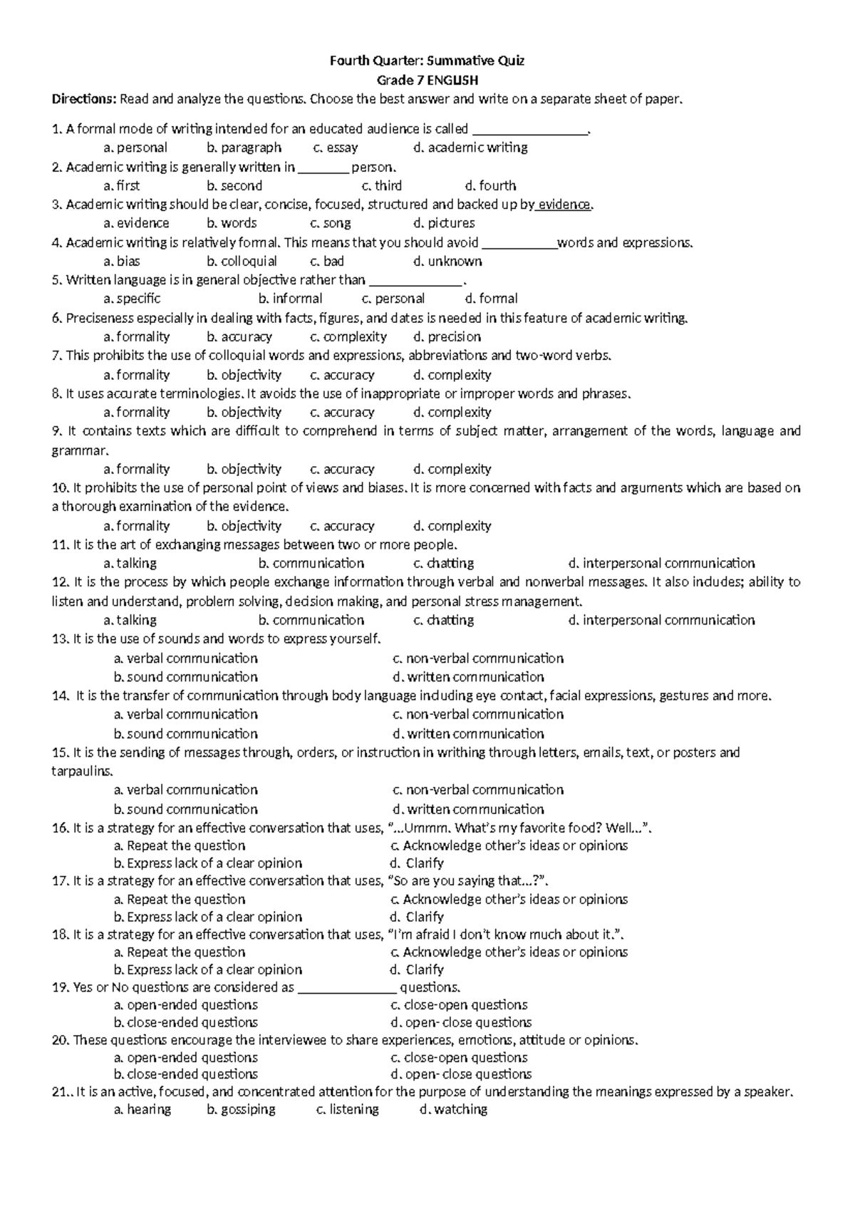 Grade 7 Summative Quiz 4th quarter - Fourth Quarter: Summative Quiz ...