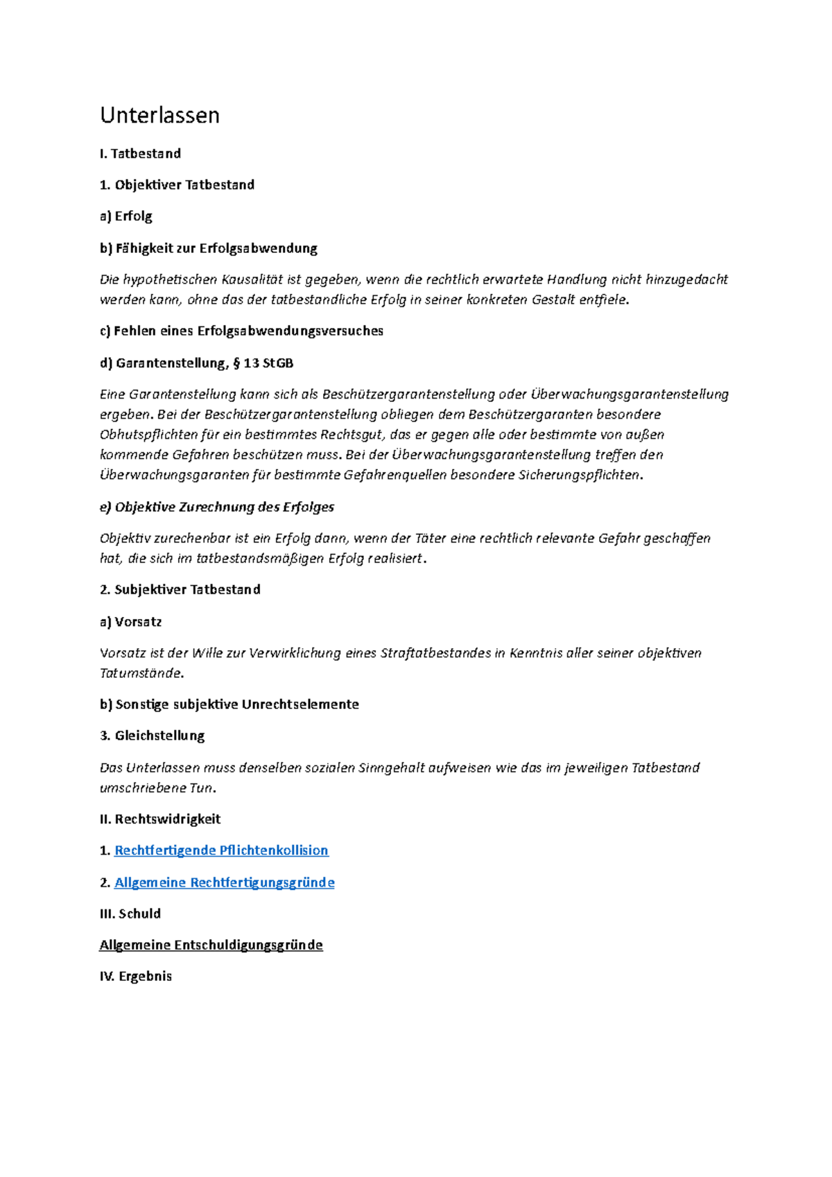 Unterlassen - Aufbauschema - Unterlassen **I. Tatbestand Objektiver ...