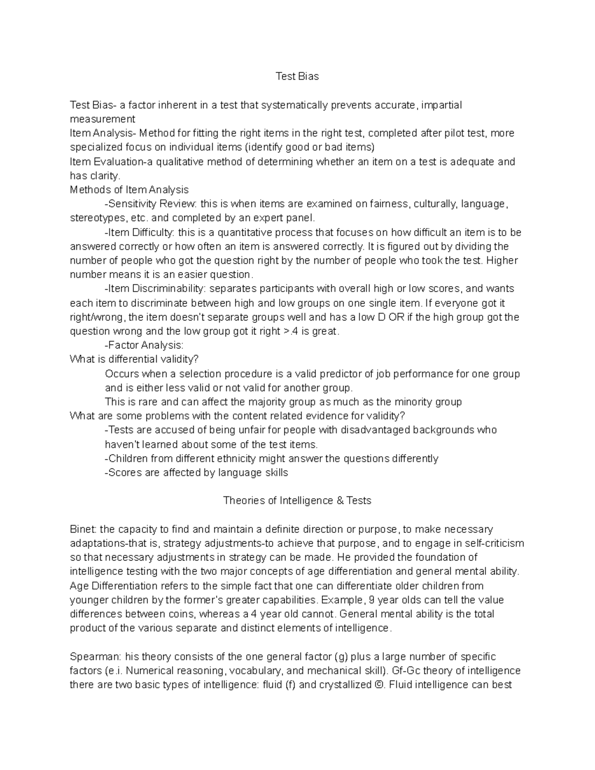 PSY 4150 Exam 2 Notes - Test Bias Test Bias- a factor inherent in a ...