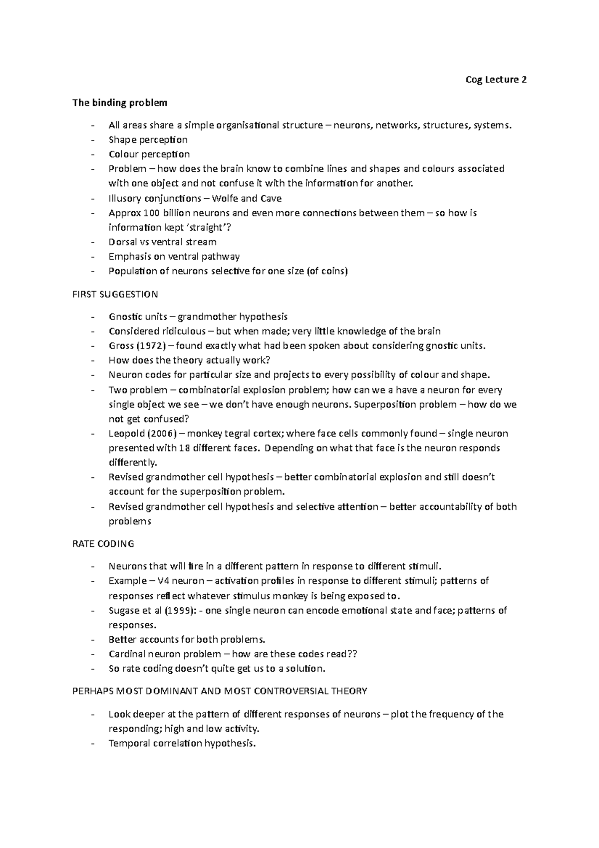 Cog Lecture 2 Notes Cog Lecture 2 The Binding Problem All Areas Share A Simple