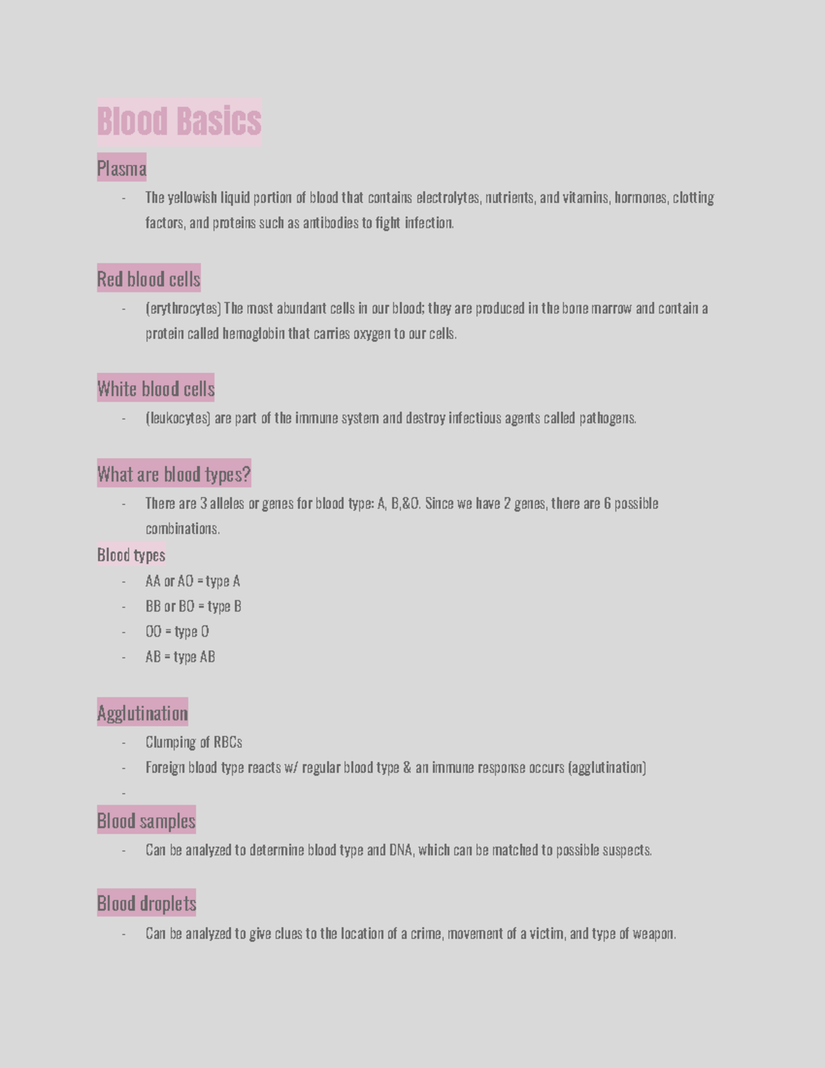 Blood basics - Blood Basics Plasma - The yellowish liquid portion of blood that contains - Studocu