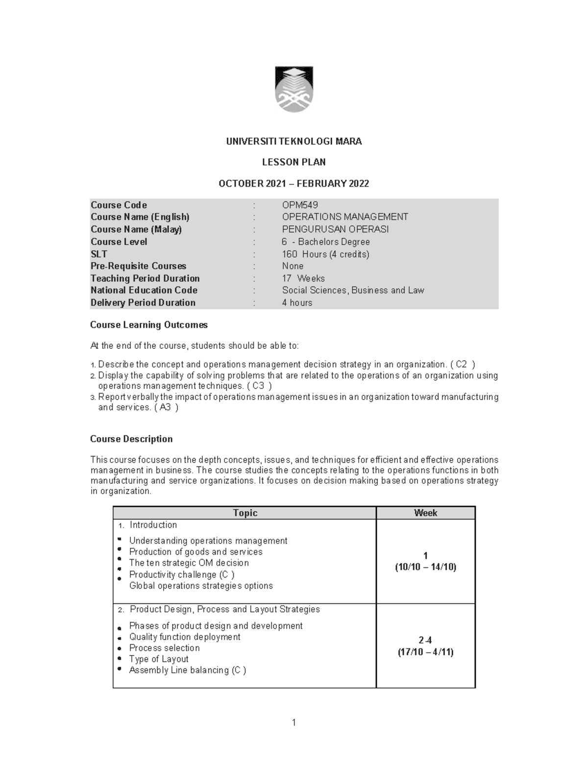 Lesson Plan Operations Management OCT 2021 FEB 2022 - UNIVERSITI ...