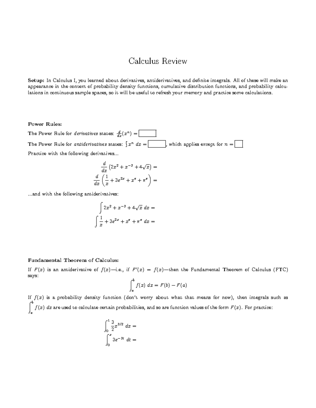 Recitation 1 - Calculus Review - Calculus Review Setup: In Calculus I ...