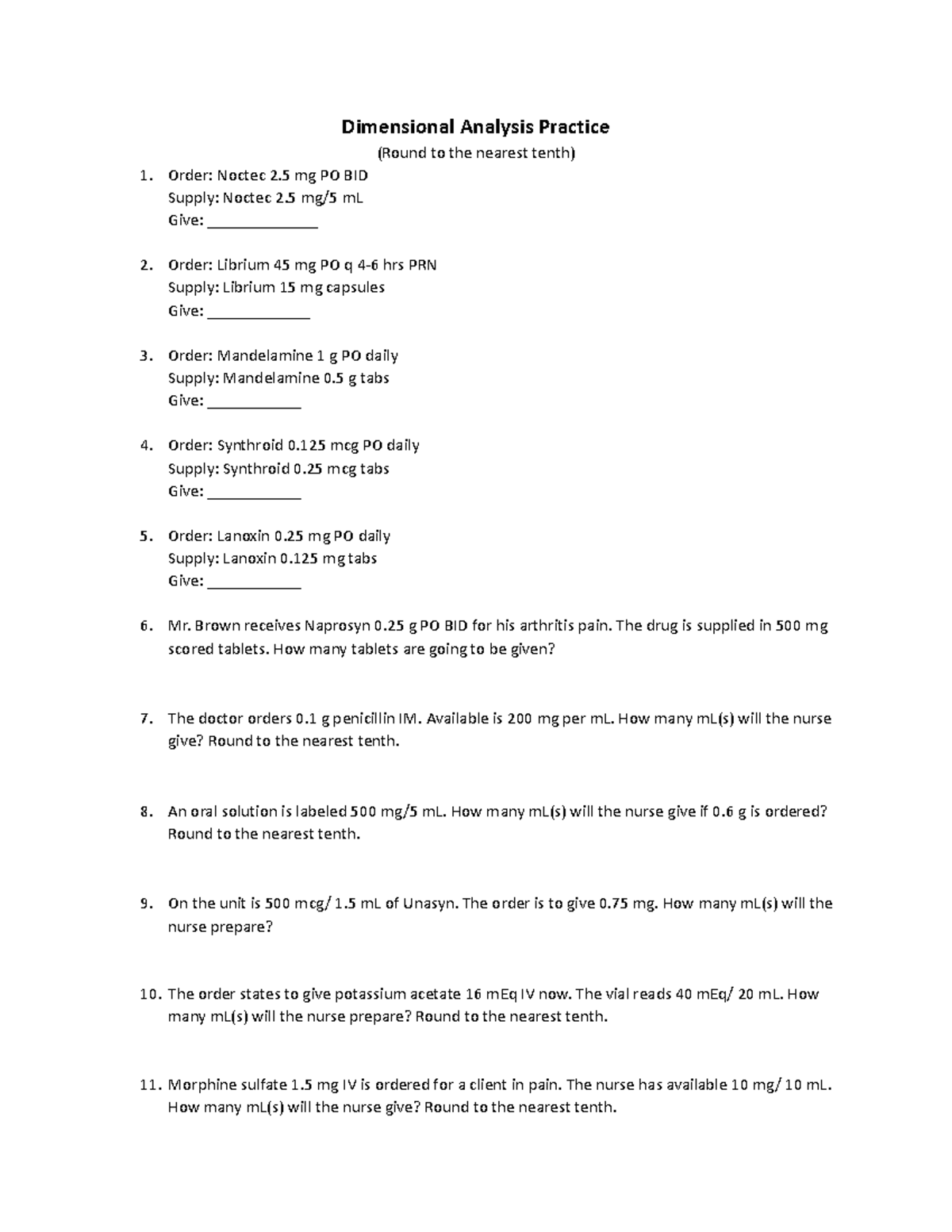 Math Packet[ 1530] DA Practice - Dimensional Analysis Practice (Round ...