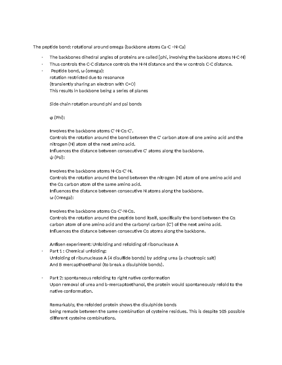 Week 10 protein - notes - The peptide bond: rotational around omega ...