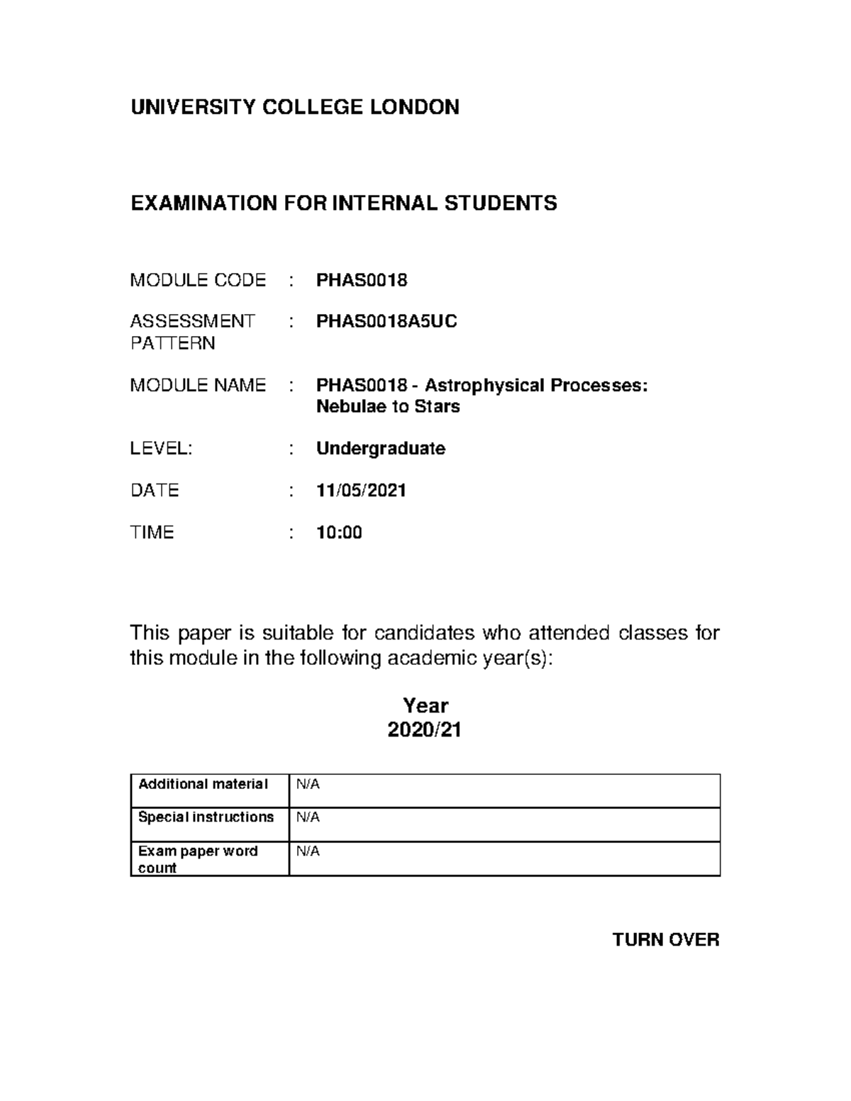 PHAS0018 2021 exam Questions - UNIVERSITY COLLEGE LONDON EXAMINATION FOR INTERNAL STUDENTS ...