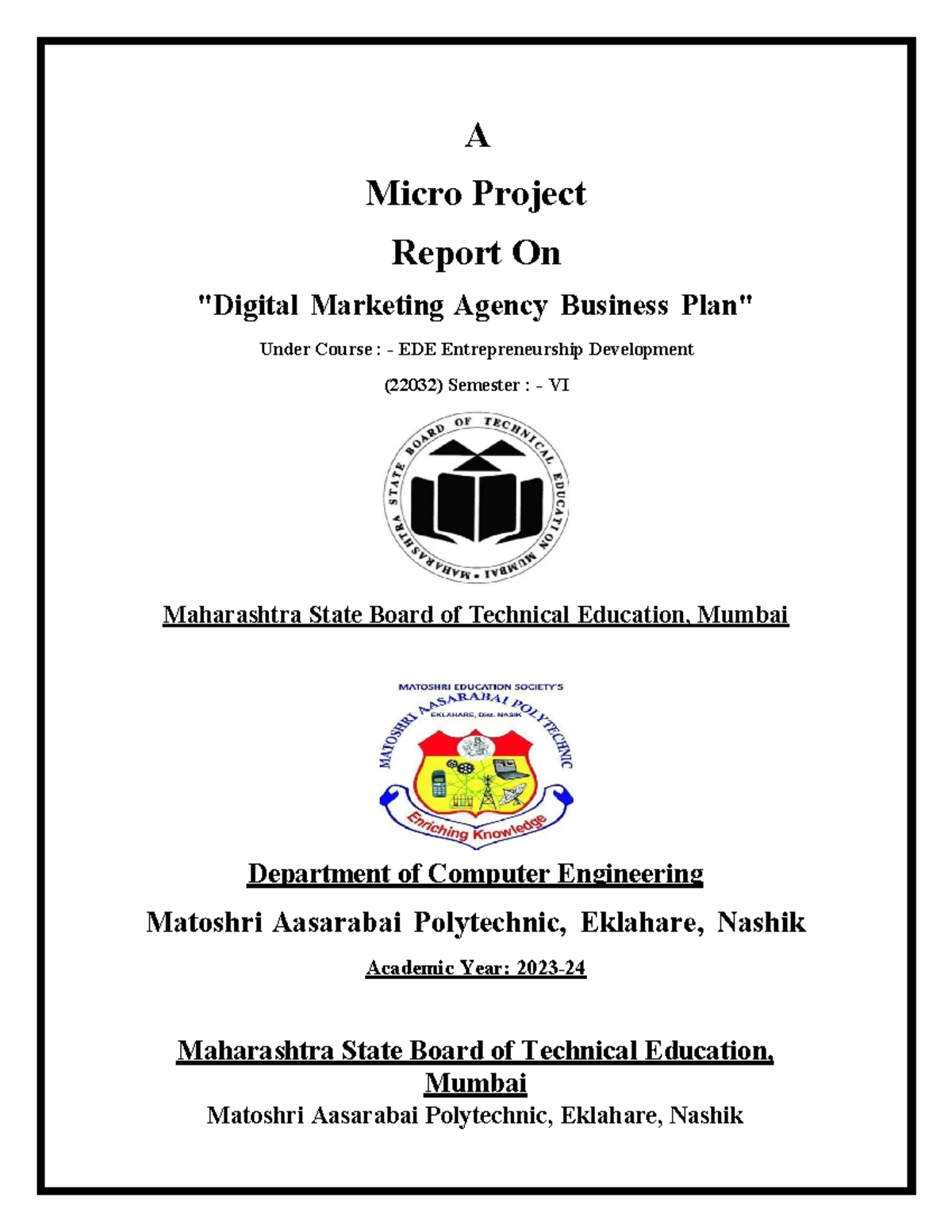 EDE Microproject yash final s - A Micro Project Report On "Digital Marketing Agency Business ...