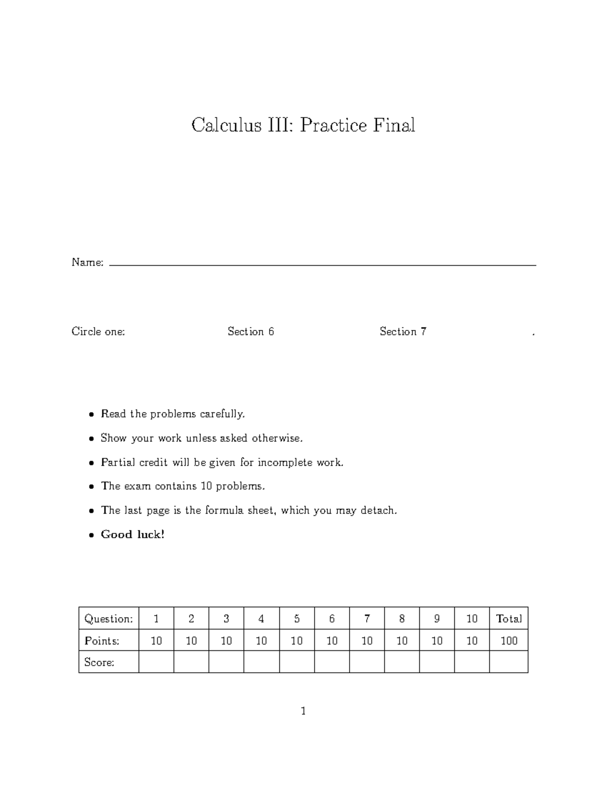 Calculus Practice Manual - Calculus III: Practice Final Name: Circle ...