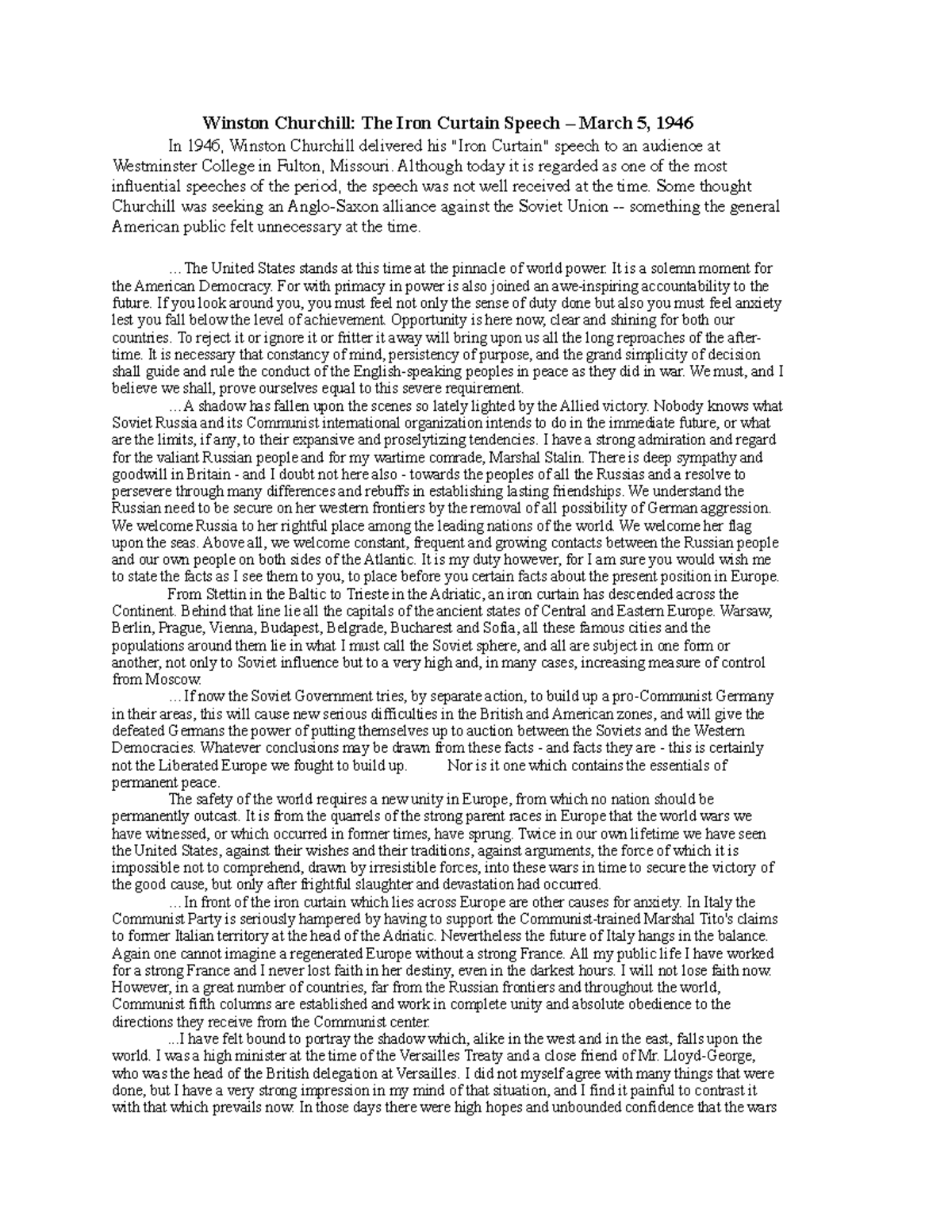 Tallis Arrington - Cold War DBQs - Winston Churchill: The Iron Curtain ...