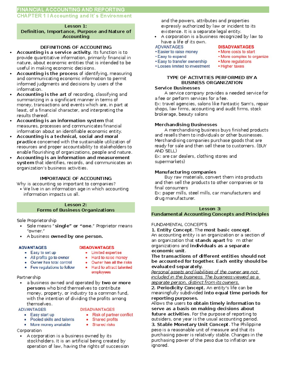 CHAPTER 1 FAR SUMMARY - FINANCIAL ACCOUNTING AND REPORTING CHAPTER 1 I ...